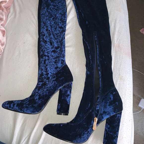 Shoes | Thigh High Crushed Blue Velvet Boots | Poshmark